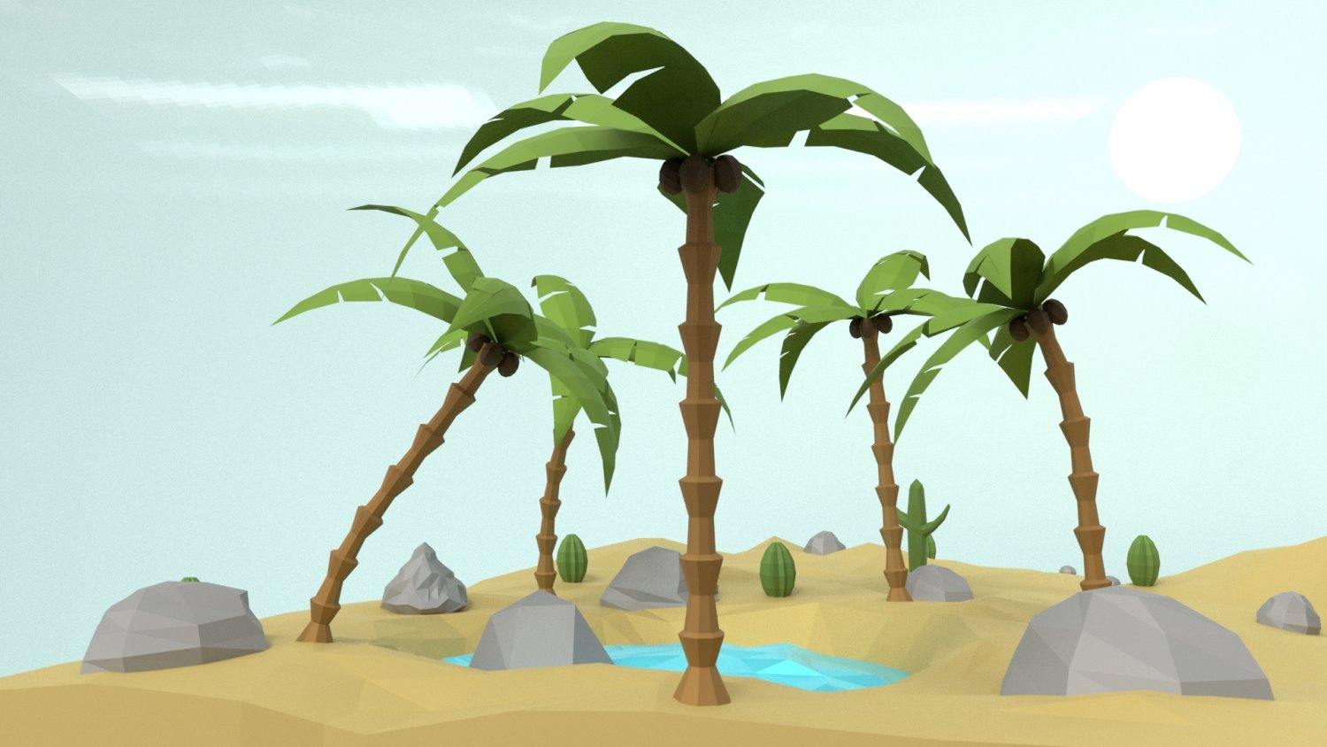Low Poly Oasis 3D Model in Environment 3DExport