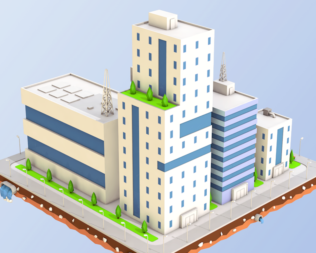 Low Poly City Block Factory Buildings 3D Model in Buildings 3DExport