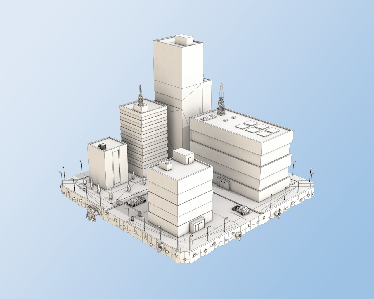 Low Poly City Block Factory Buildings 3D Model in Buildings 3DExport