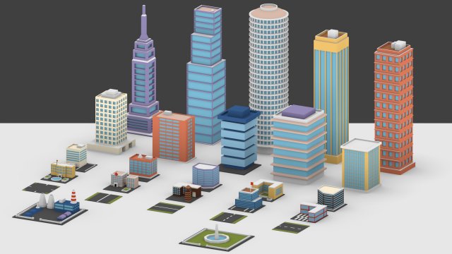 Low Poly City Buildings Pack 3D Model in Buildings 3DExport