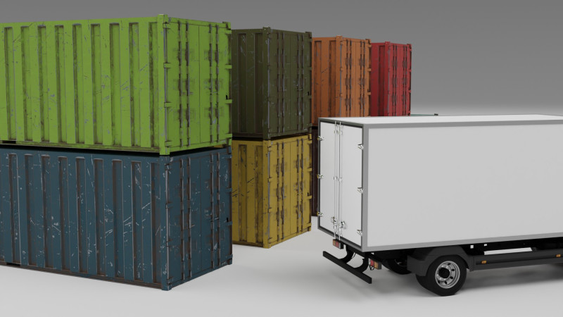 Truck and containers 3D Model in Shipping Containers 3DExport