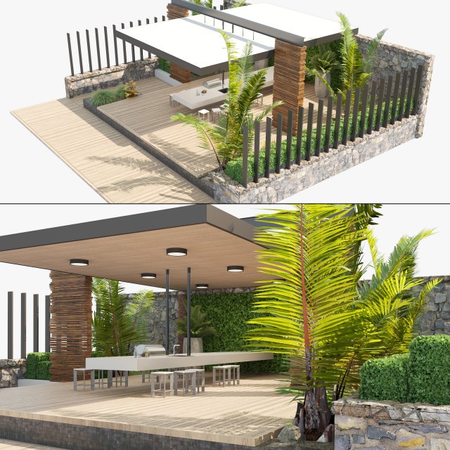 Rooftop Terrace with greenery plants 3D Model in Environment 3DExport