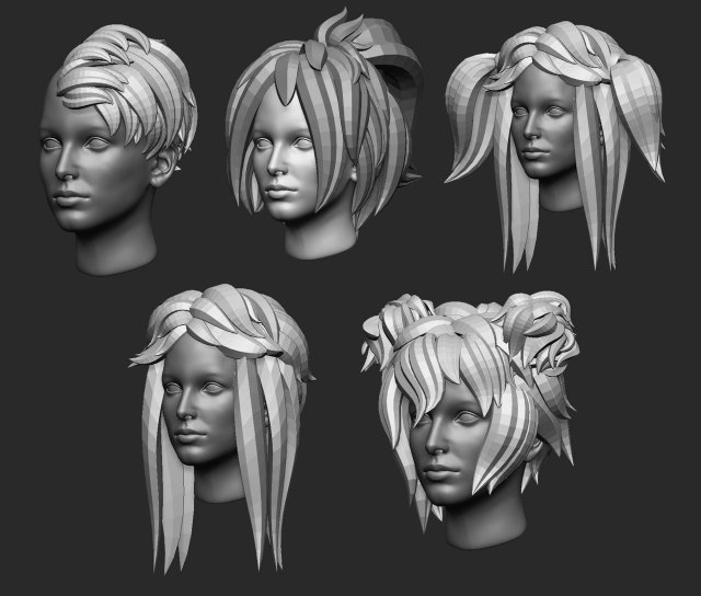 20 Female anime cartoon character hair styles and hairdoo low poly IMM ...