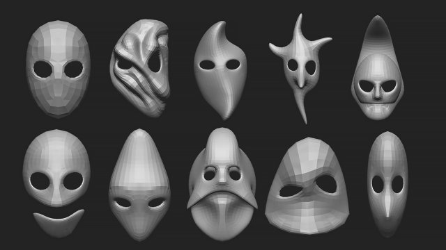 50 low poly mask shapes and base meshes IMM brush set for Zbrush OBJ ...