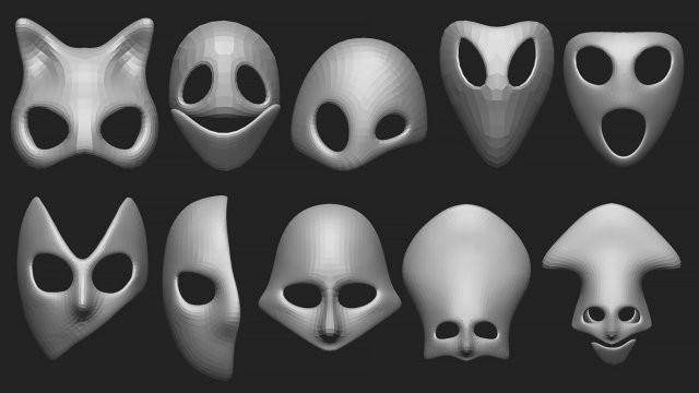 50 low poly mask shapes and base meshes IMM brush set for Zbrush OBJ ...