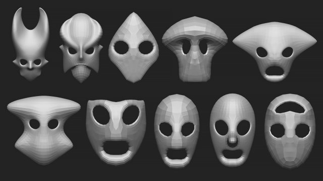 50 low poly mask shapes and base meshes IMM brush set for Zbrush OBJ and FBX 2020 version files ...