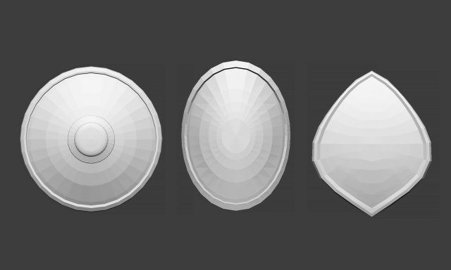 30 Low-poly medieval fantasy shield base mesh shapes IMM and 5 strap shapes zbrush set and fbx ...