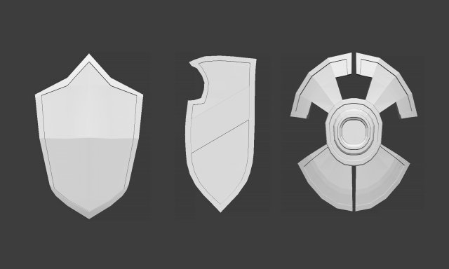 30 Low-poly medieval fantasy shield base mesh shapes IMM and 5 strap shapes zbrush set and fbx ...