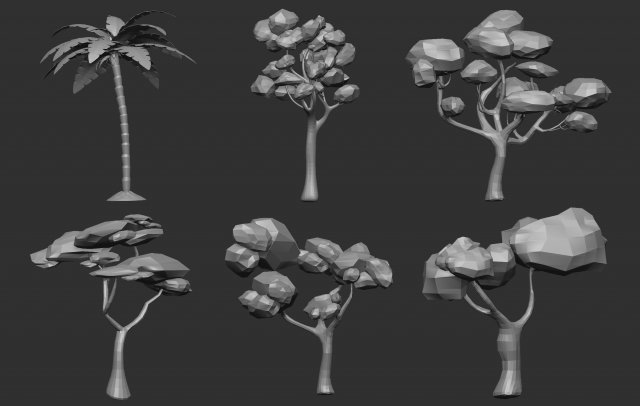 30 Low poly tree and bush base mesh shapes IMM brush set for Zbrush FBX and OBJ files 3D Model ...