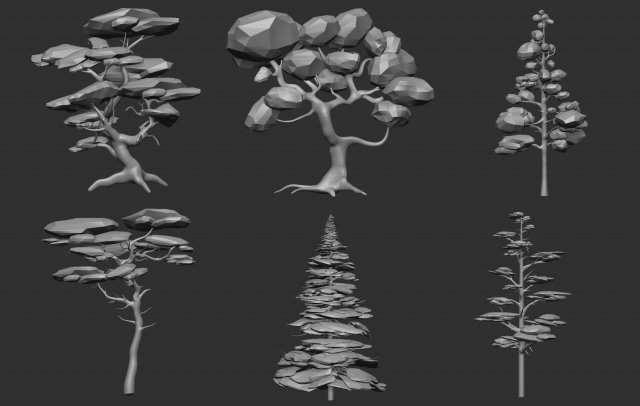 30 Low poly tree and bush base mesh shapes IMM brush set for Zbrush FBX and OBJ files 3D Model ...