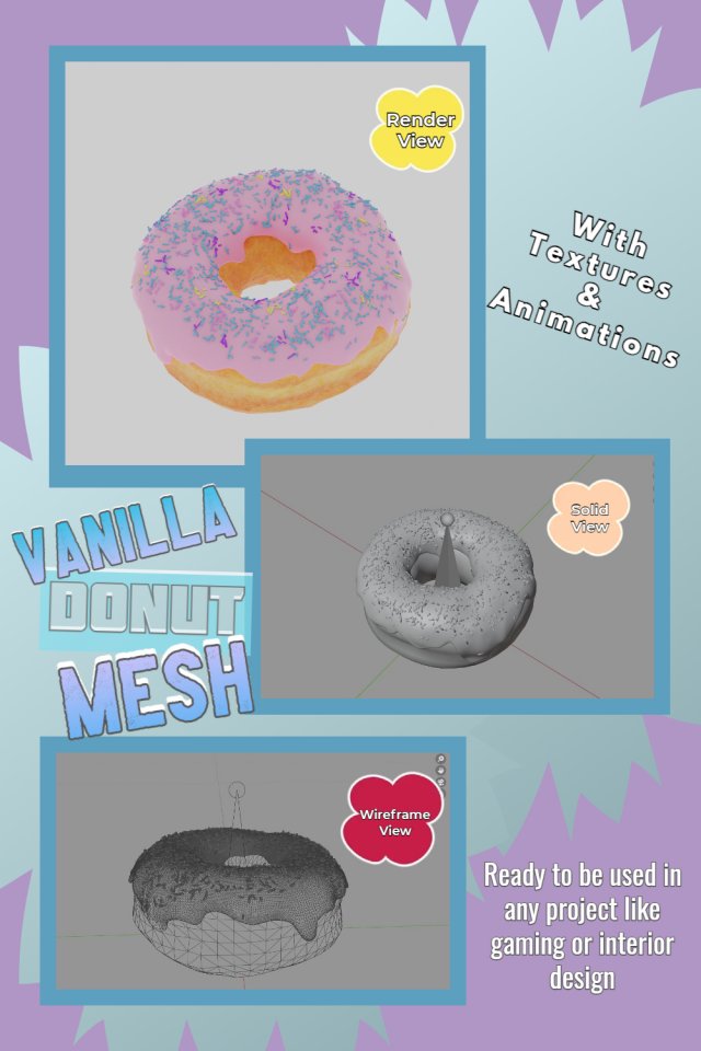 Vanilla donut mesh-texture and animation 3D Model in Sweets 3DExport