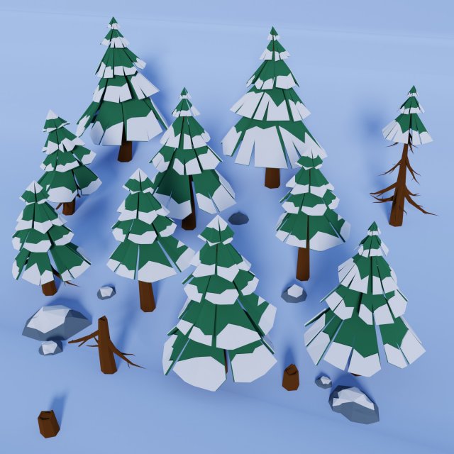 Set of 21 elements Low poly pine trees stones snow covered 3D Model in ...