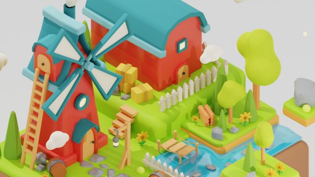 Stylized Land Platform Windmill Environment Game Ready Landscape Low ...