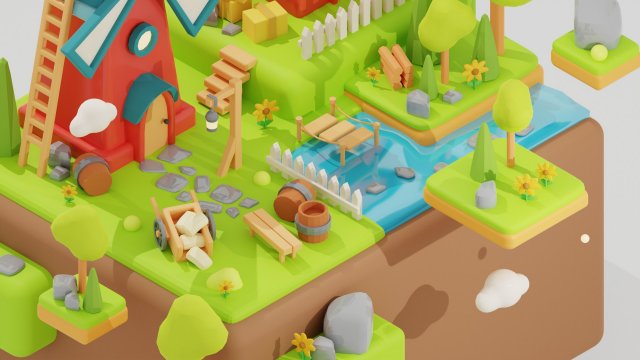 Stylized Land Platform Windmill Environment Game Ready Landscape Low ...