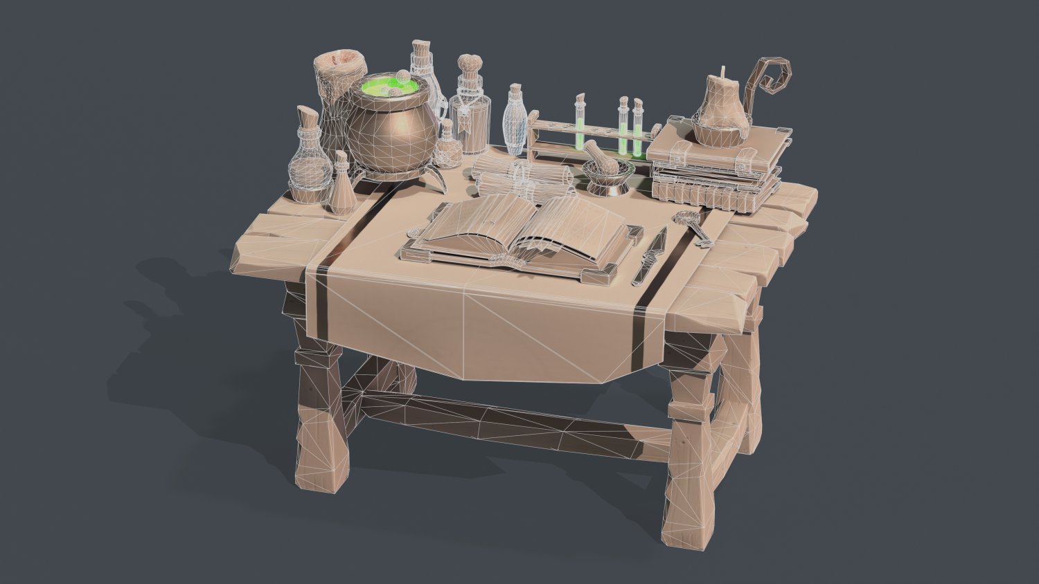 Stylized Alchemy Table Low Poly Game Ready PBR Modelo 3D in Otros 3DExport