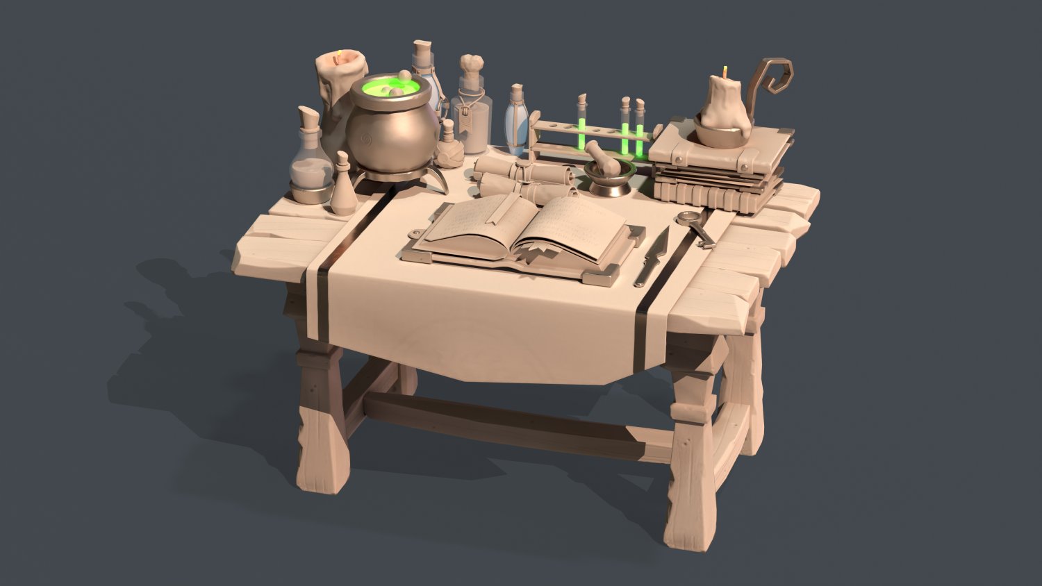 Stylized Alchemy Table Low Poly Game Ready PBR Modelo 3D in Otros 3DExport