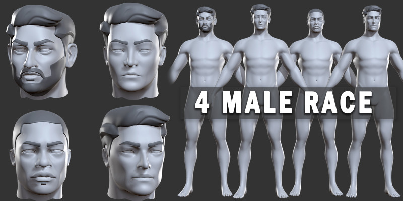 4 Male Races - Topology UV map 3D Model in Man 3DExport